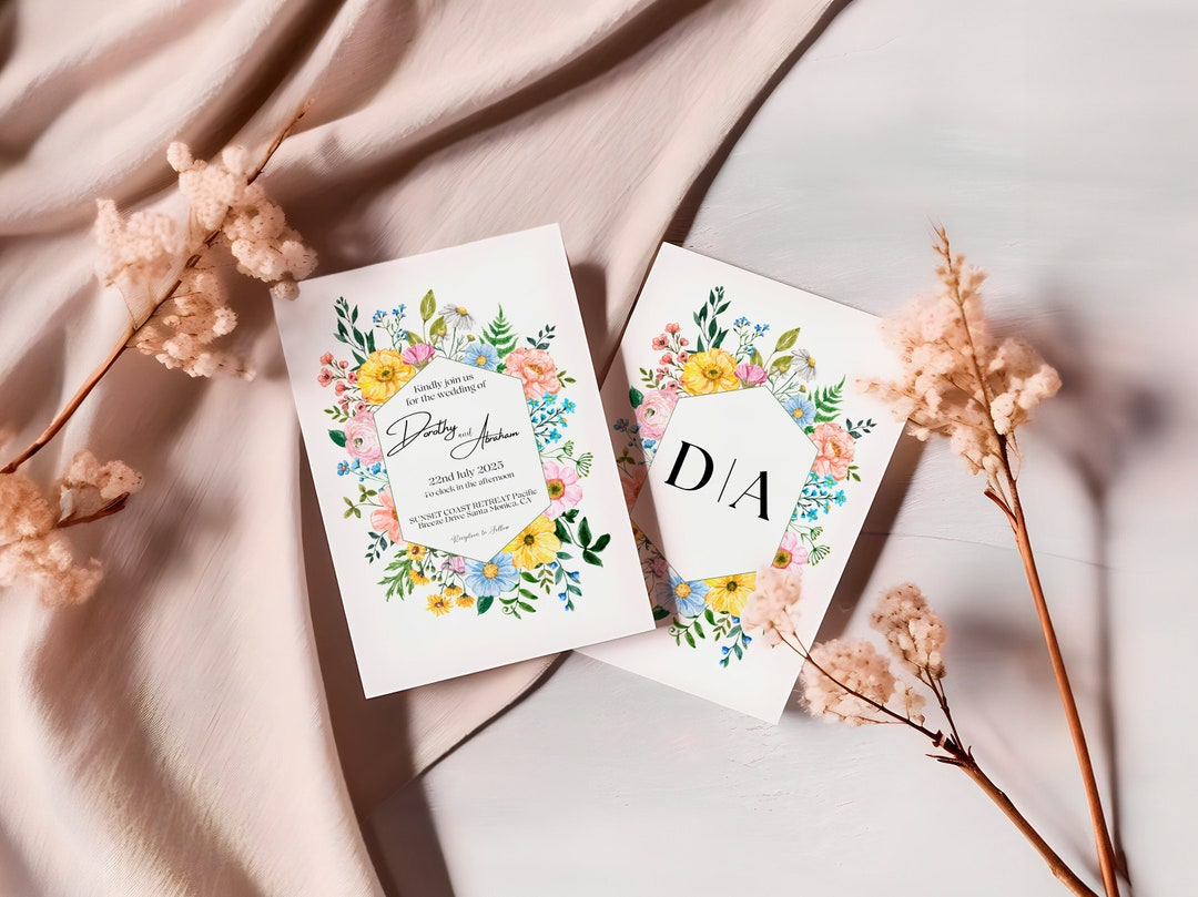 Summer Bright Floral Wedding Invitation Template Colorful Watercolor ...