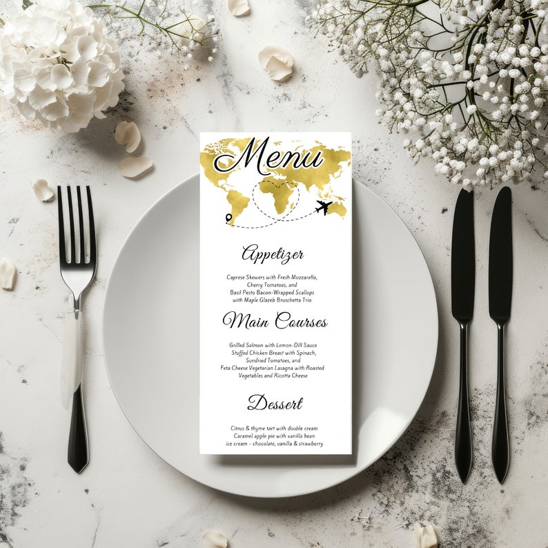 Editable Gold World Map Menu Travel Theme Destination Wedding Travel ...