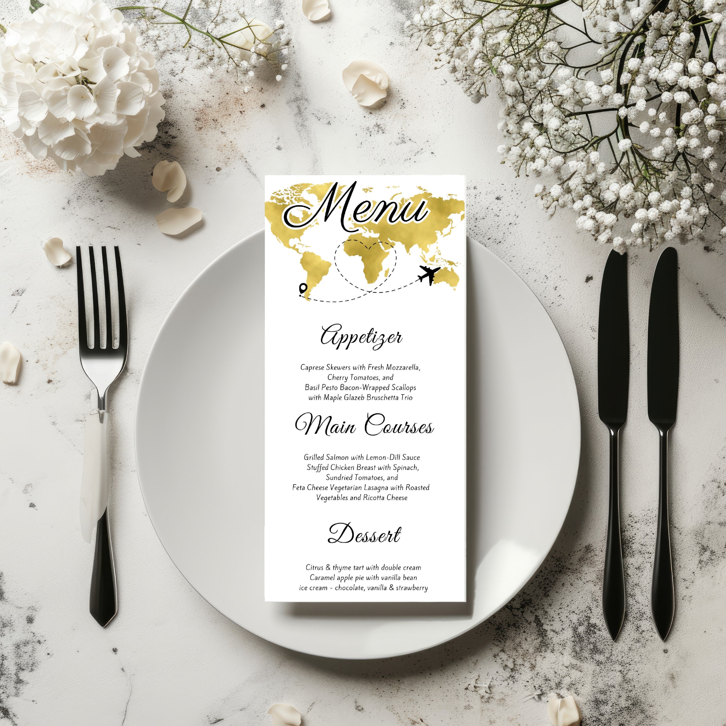 Editable Gold World Map Menu Travel Theme Destination Wedding Travel ...