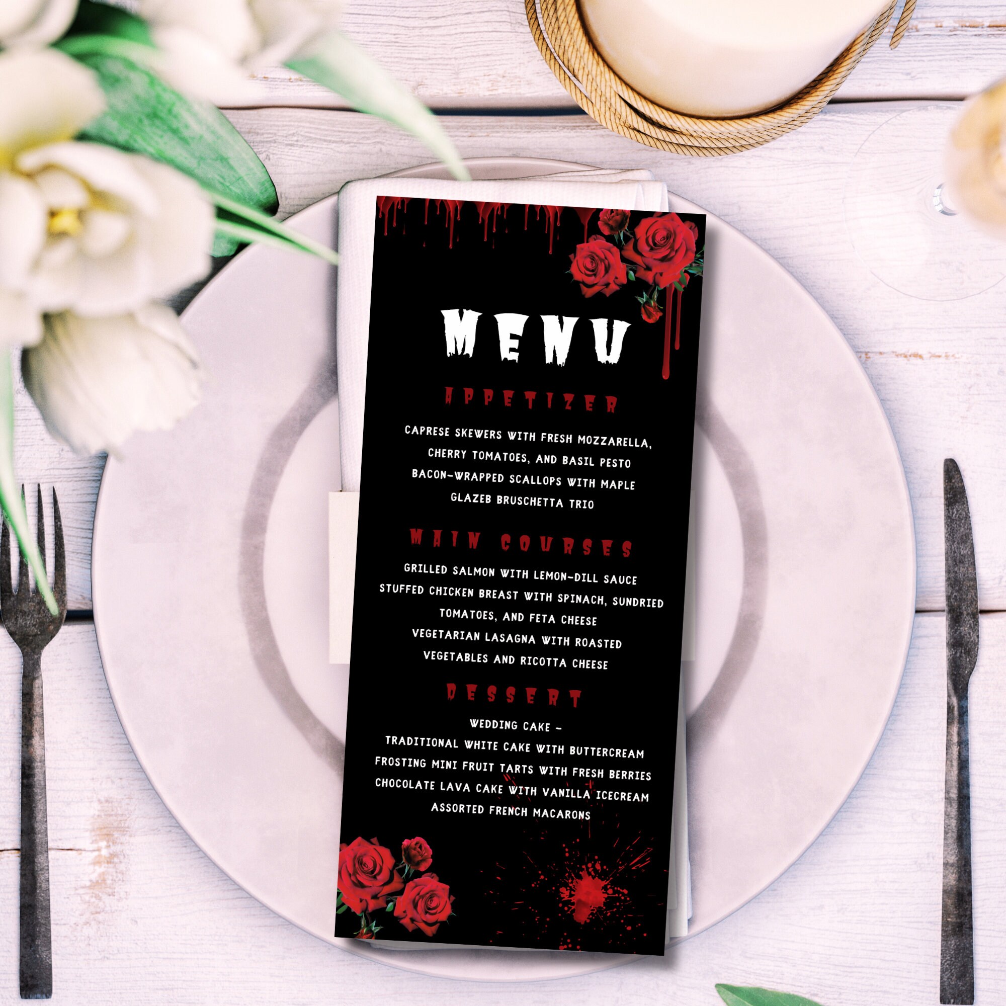 Red and Black Gothic Wedding Menu, Halloween Wedding Dining, Red Roses ...