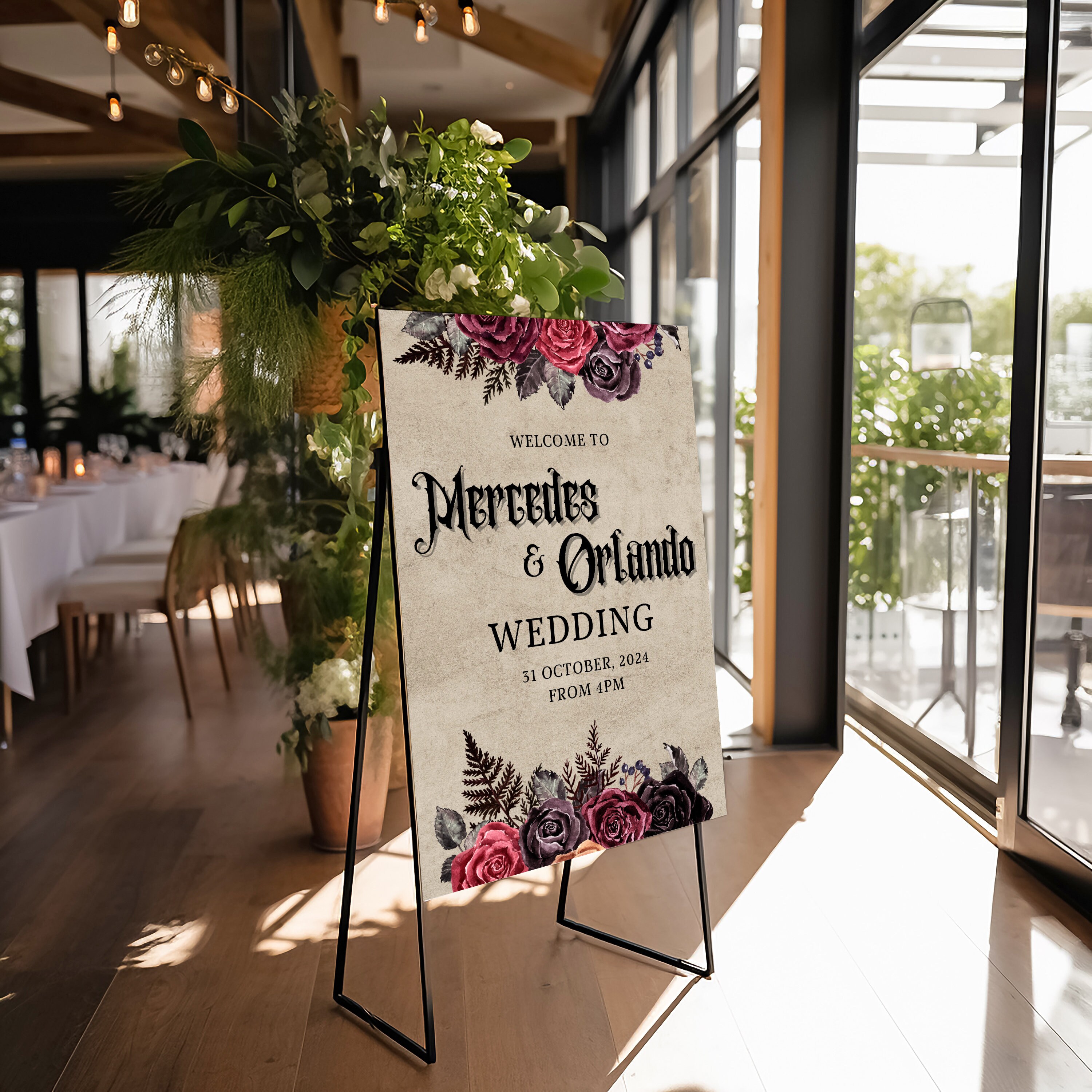 Floral Gothic Wedding Welcome Sign Editable Beige Black Poster Template ...