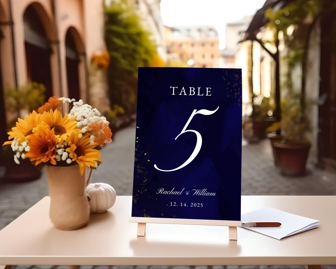 Navy Blue Table Numbers Template Watercolor Modern Table Cards Table ...