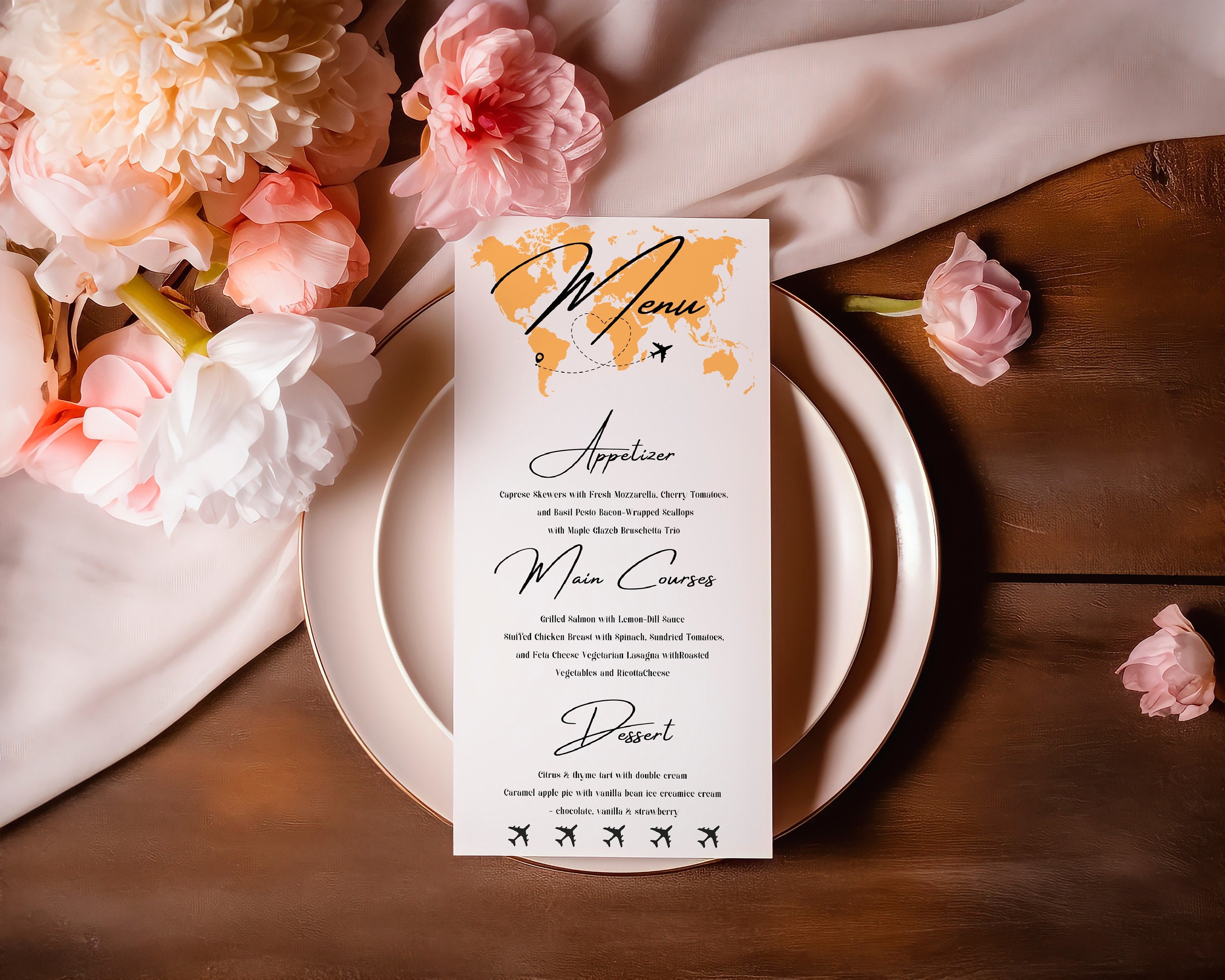 Destination Orange World Map Wedding Menu Card Printable Party Dining ...
