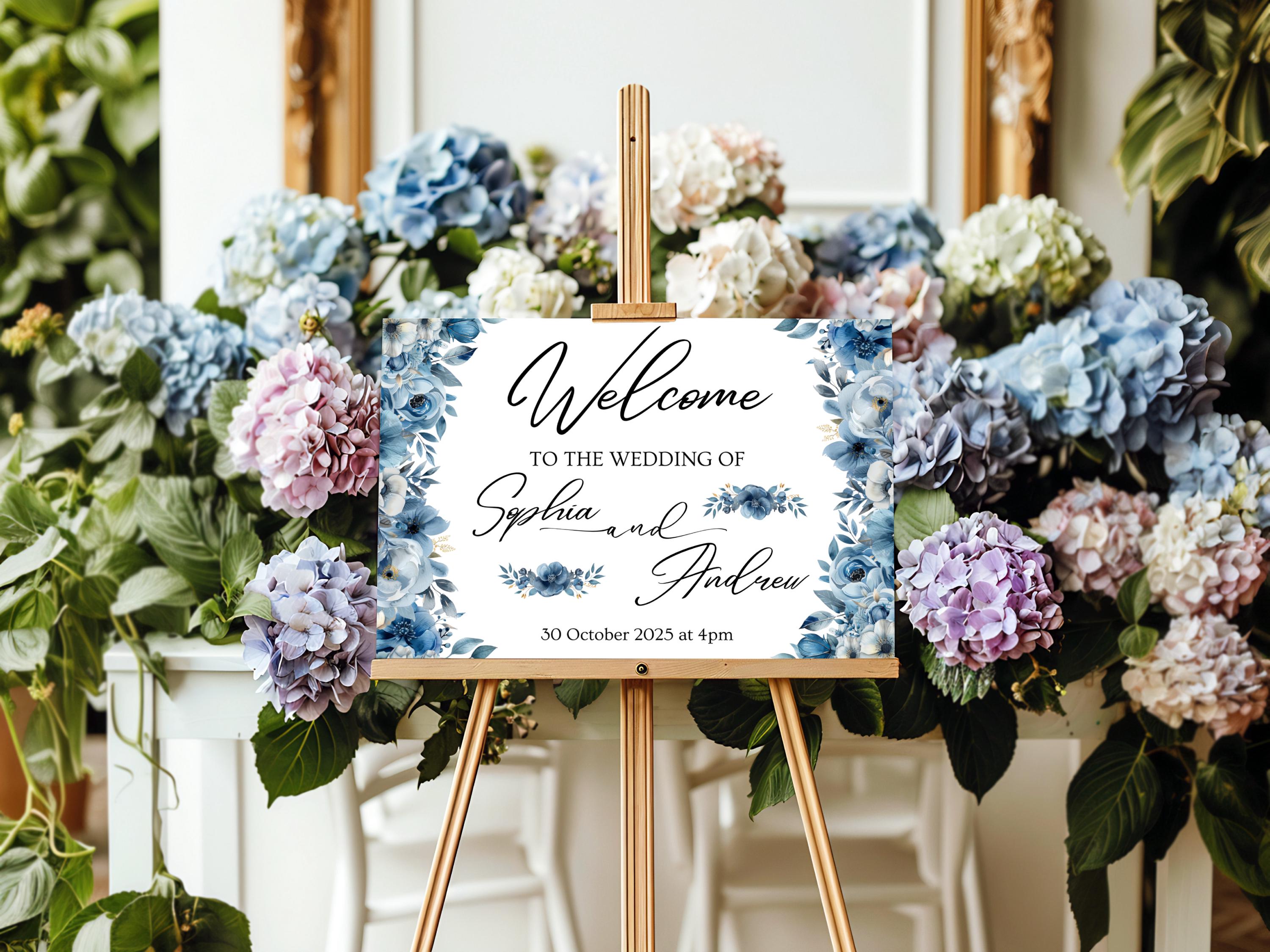 Dusty Blue Wedding Welcome Sign Template Floral Classy Reception Decor ...