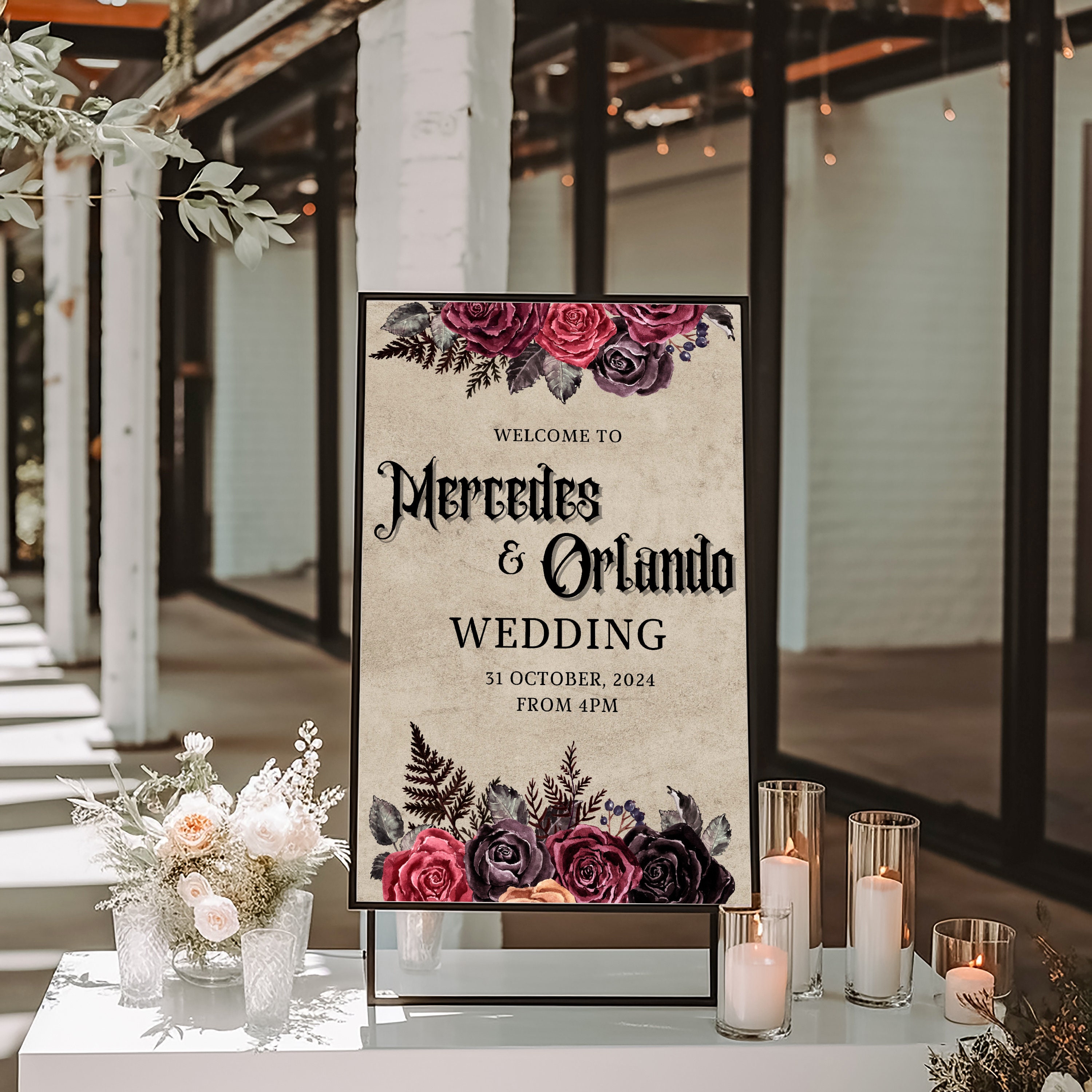 Floral Gothic Wedding Welcome Sign Editable Beige Black Poster Template ...