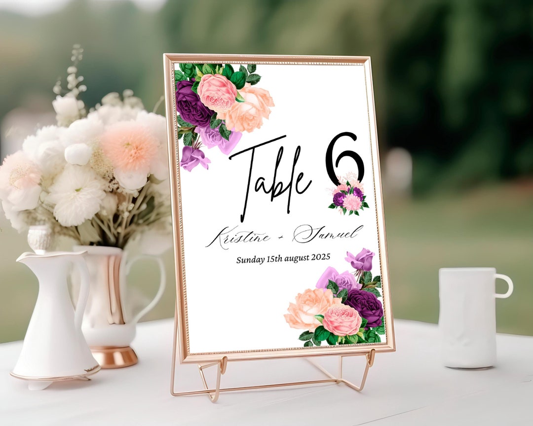 Lavender Floral Wedding Table Numbers Card Template Lilac Pink Peach Table Numbers Template ...