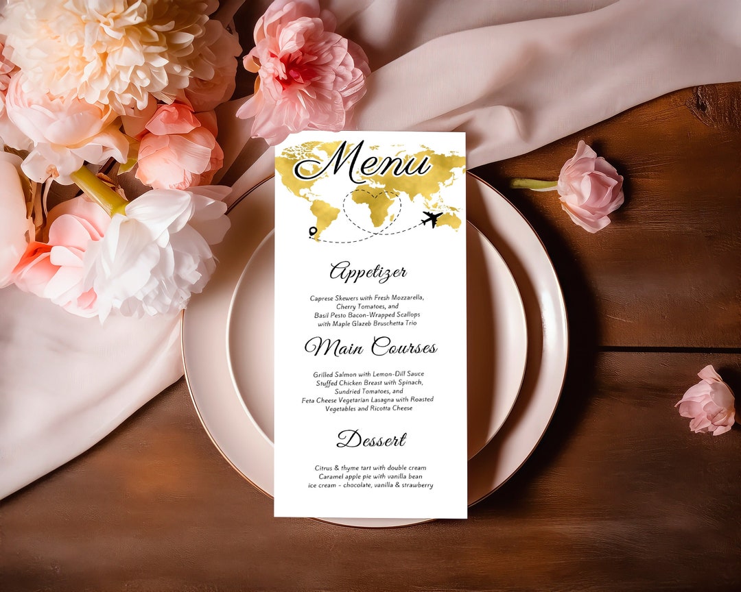Editable Gold World Map Menu Travel Theme Destination Wedding Travel ...