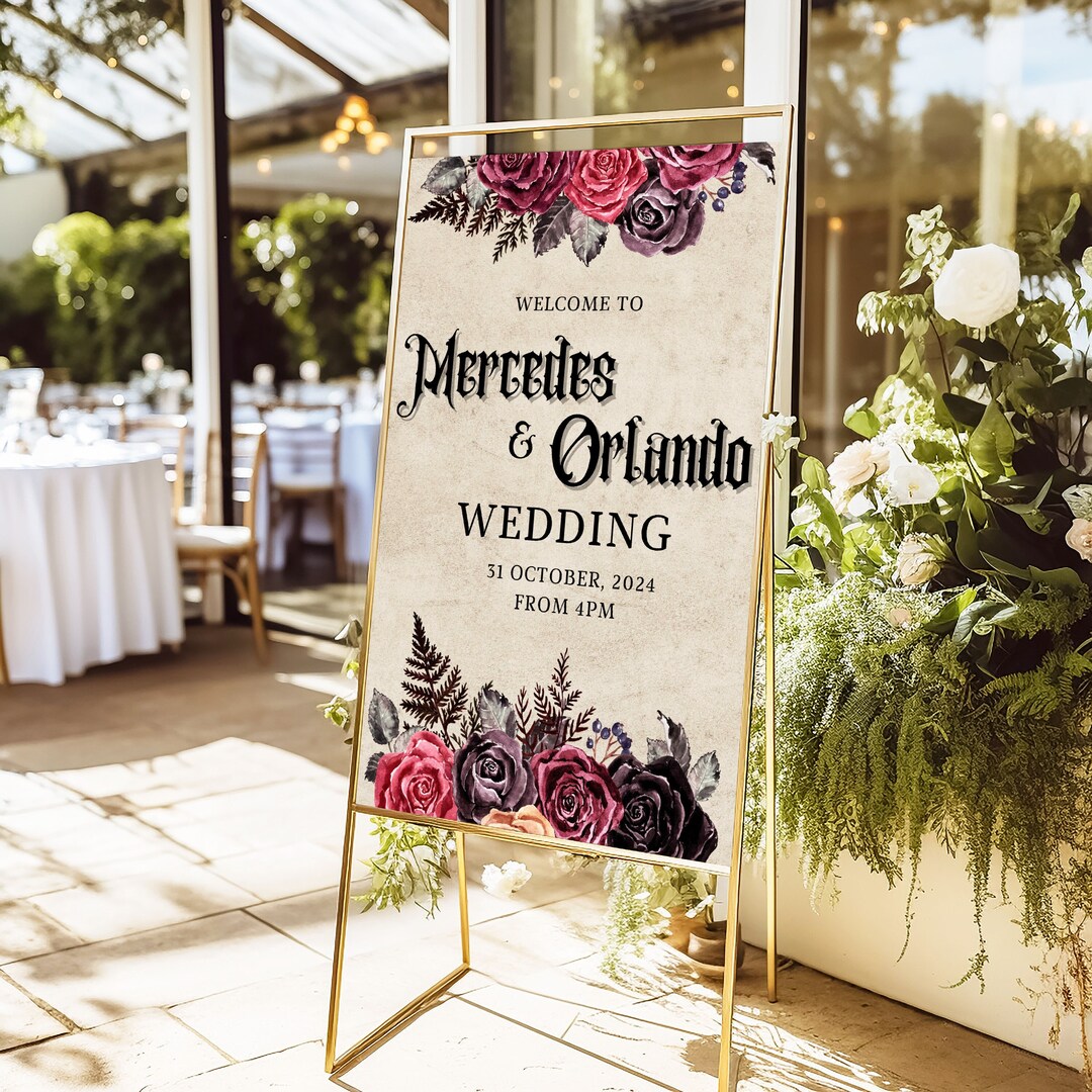 Floral Gothic Wedding Welcome Sign Editable Beige Black Poster Template ...