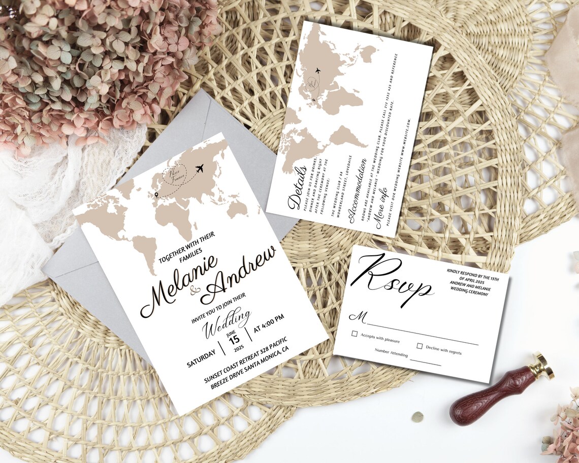 World Map Wedding Invitation Template Set Travel Themed Wedding Invitation Adventure Wedding ...