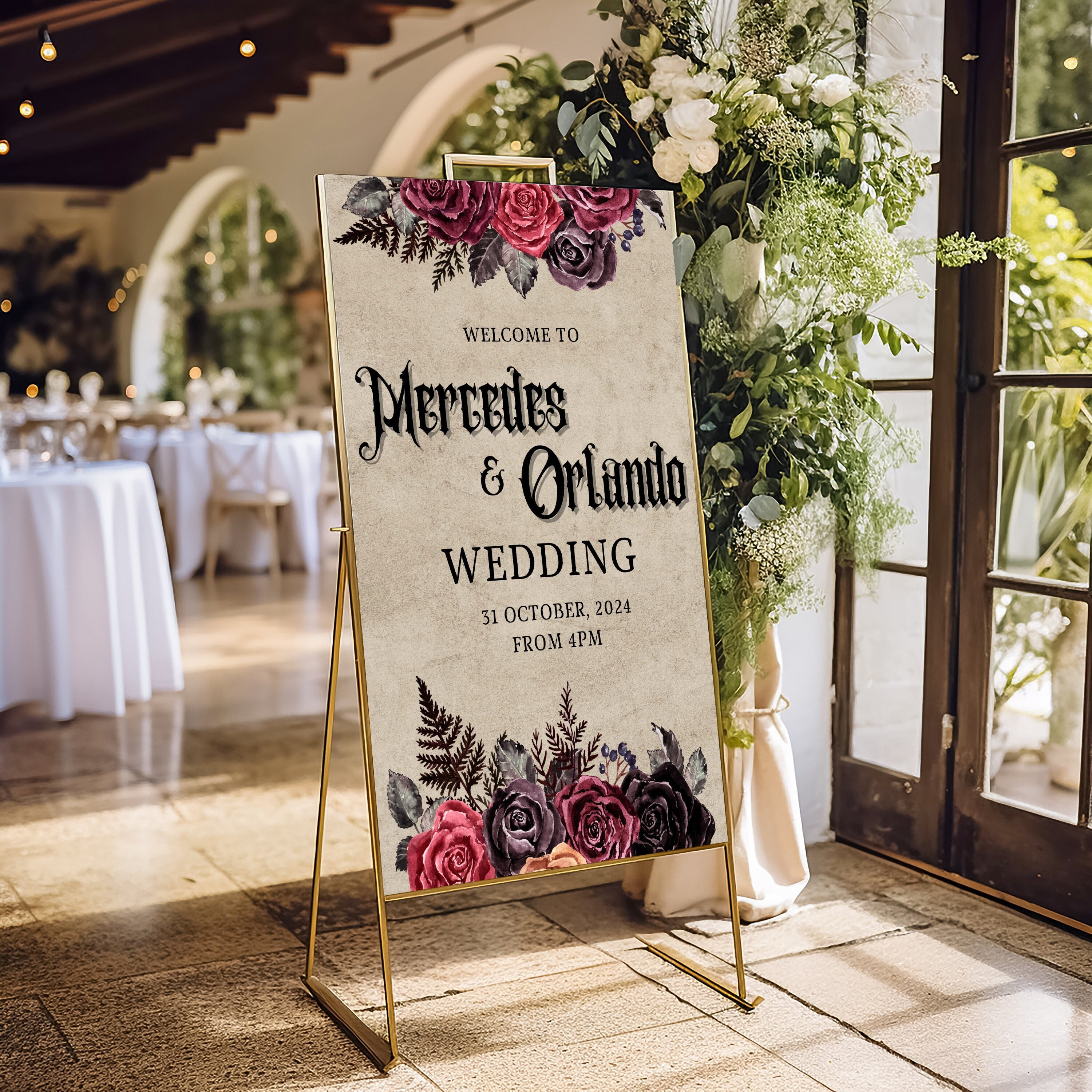 Floral Gothic Wedding Welcome Sign Editable Beige Black Poster Template ...