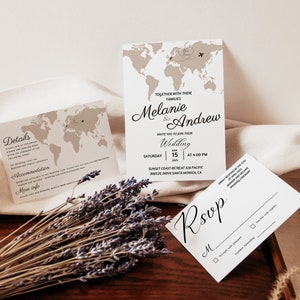 World Map Wedding Invitation Template Set Travel Themed Wedding ...