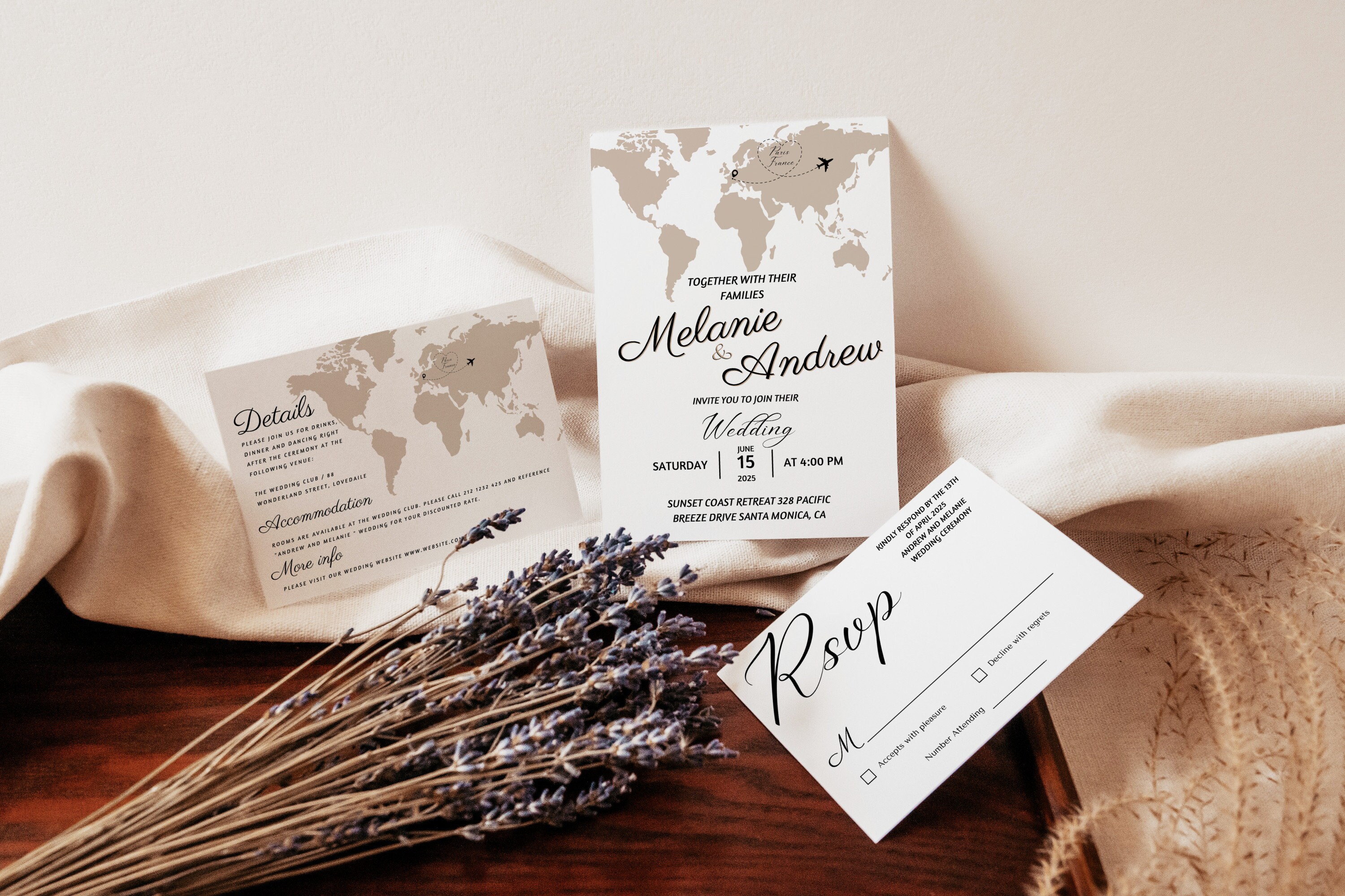 World Map Wedding Invitation Template Set Travel Themed Wedding ...