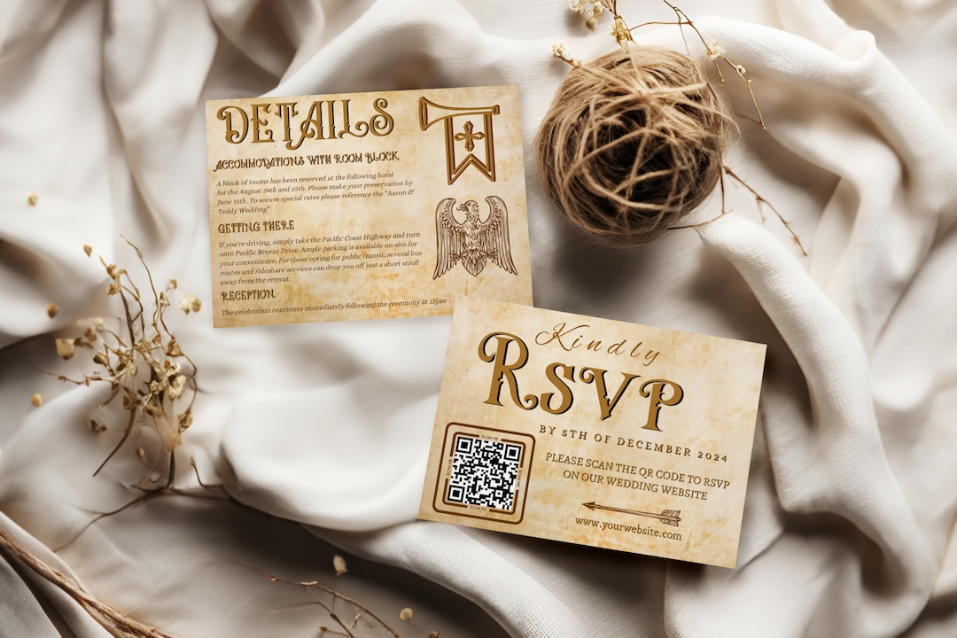 Medieval QR Code Wedding RSVP Template Editable Fantasy Details Card ...