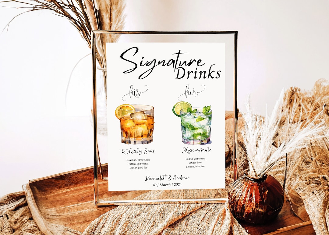His and Her Drink Sign for Wedding His Her Cocktail Drink Template ...