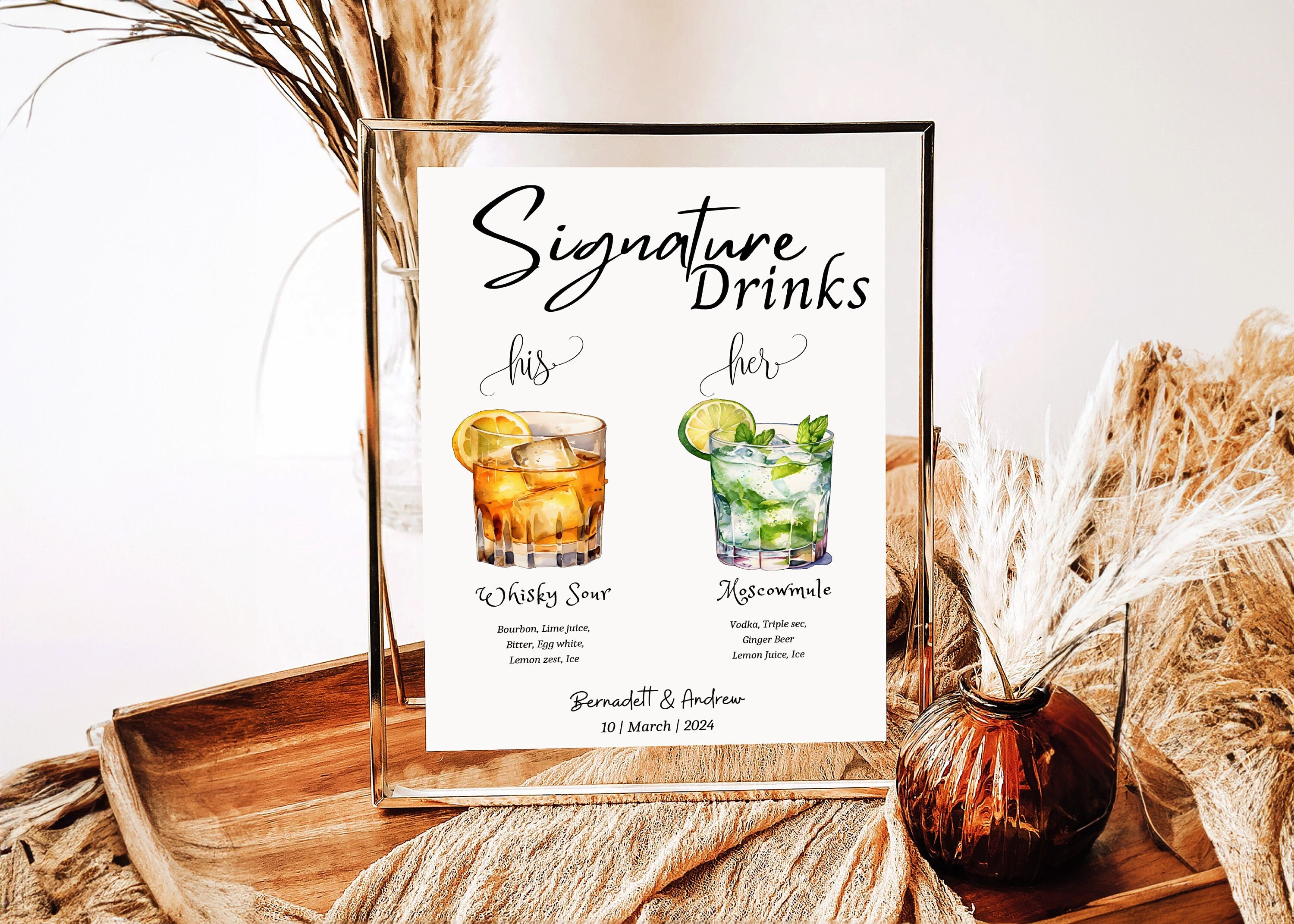 His and Her Drink Sign for Wedding His Her Cocktail Drink Template ...