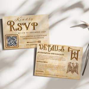 Medieval QR Code Wedding RSVP Template Editable Fantasy Details Card ...