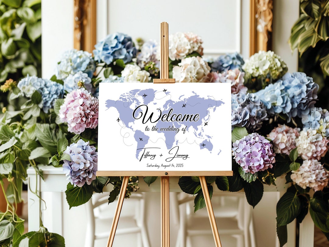 Blue World Map Wedding Welcome Sign Travel Theme Welcome Chart Template ...