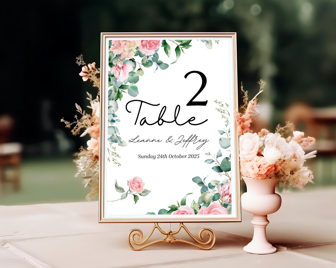 Pink Floral Wedding Table Number Card Watercolor Blush Green Pink ...