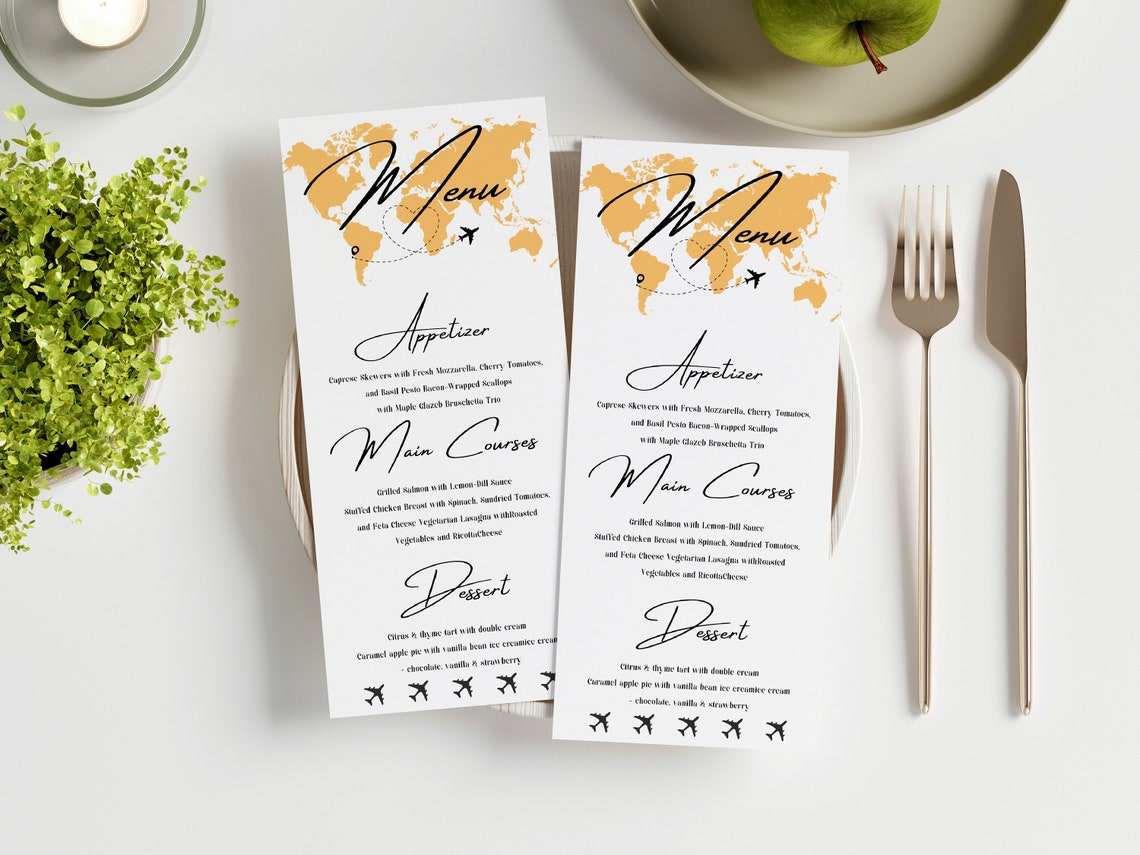 Destination Orange World Map Wedding Menu Card Printable Party Dining ...