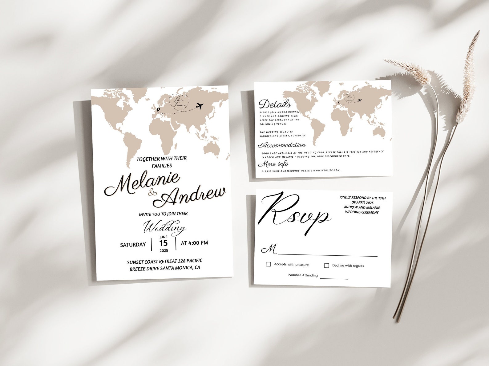 World Map Wedding Invitation Template Set Travel Themed Wedding Invitation Adventure Wedding ...