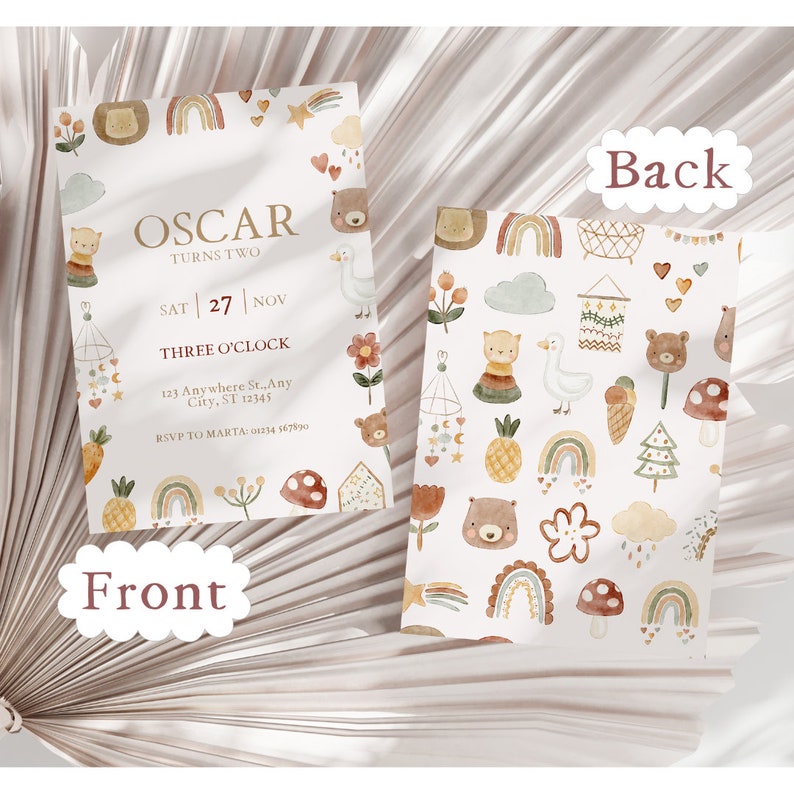 Editable 5x7 Invitation Digital Birthday Party Children Boho Scandi ...