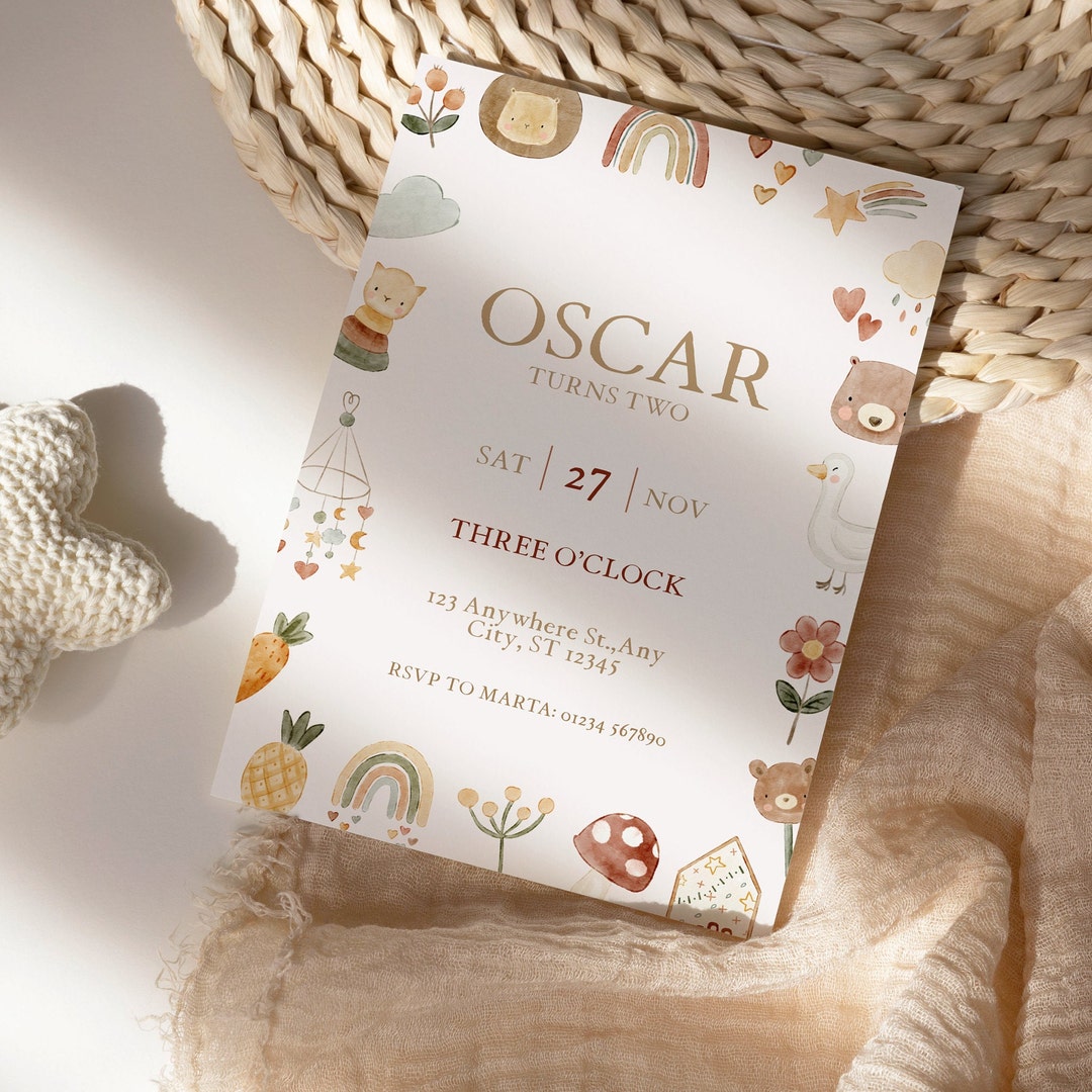 Editable 5x7 Invitation Digital Birthday Party Children Boho Scandi ...
