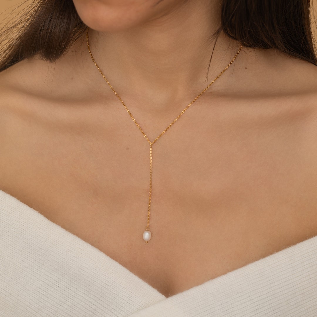 Dainty Pearl Drop Necklace, Gold Filled Lariat Oval Freshwater Pearl ...