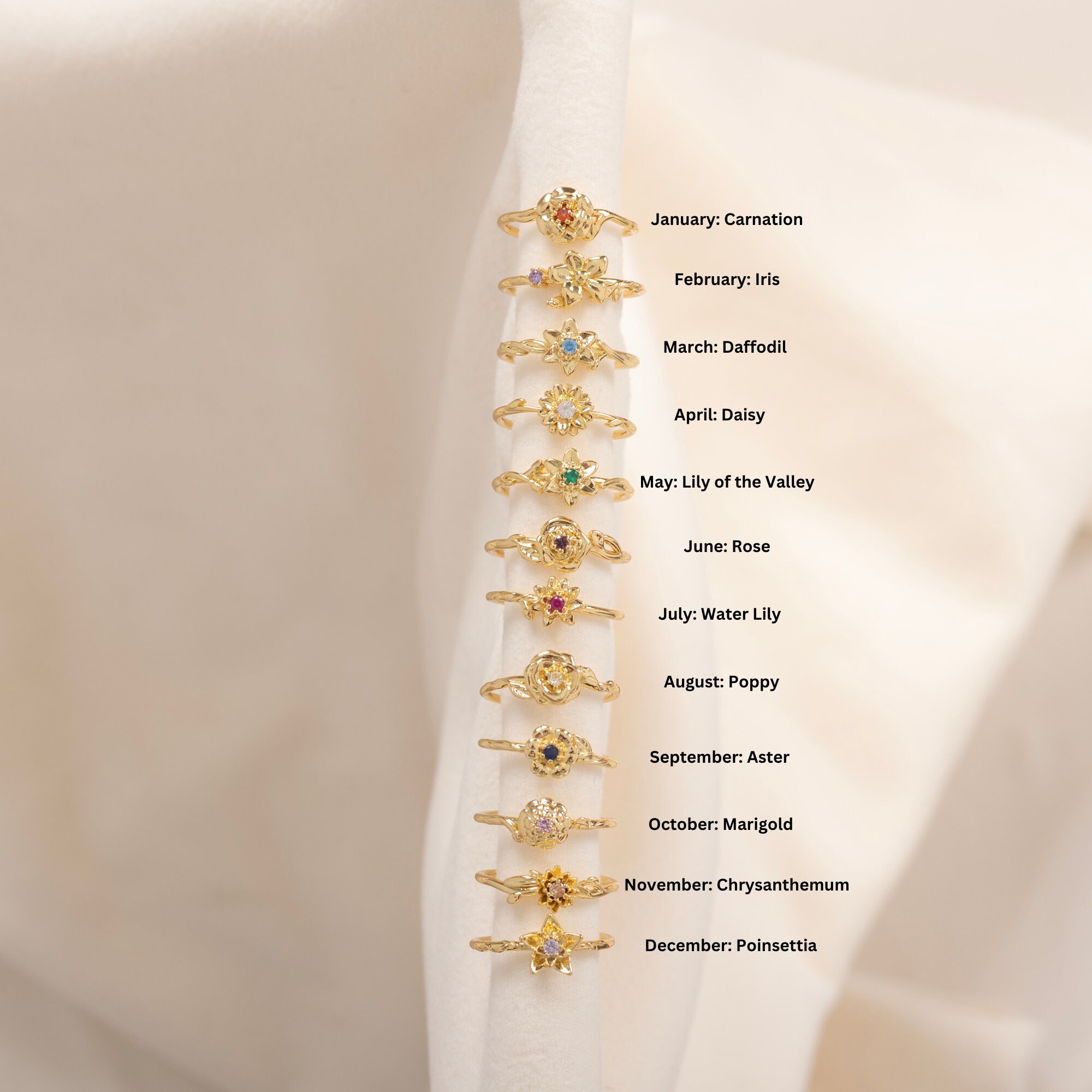 Gold Flower Ring Dainty Flower Head Birth Month Ring Birthstone Dainty ...