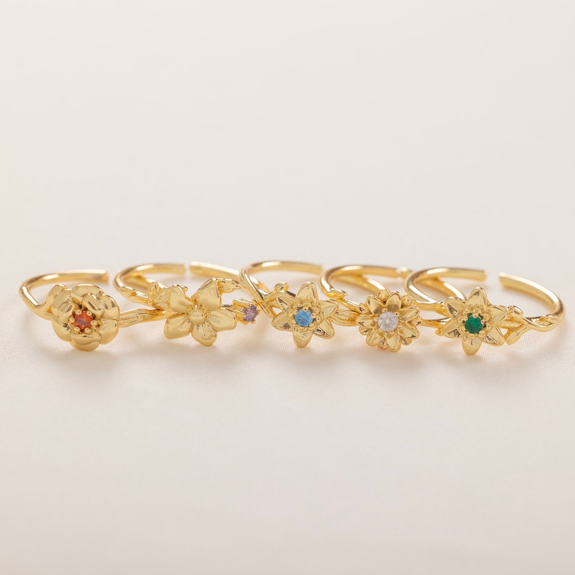 Gold Flower Ring Dainty Flower Head Birth Month Ring Birthstone Dainty ...