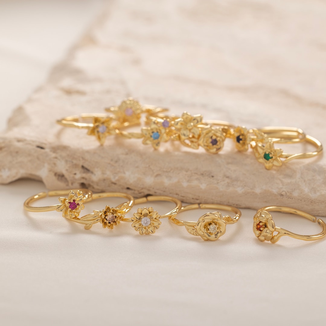 Birth Flower and Birthstone Ring Adjustable Stackable Ring Birth Month ...