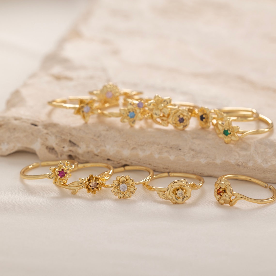 Gold Flower Ring Dainty Flower Head Birth Month Ring Birthstone Dainty ...