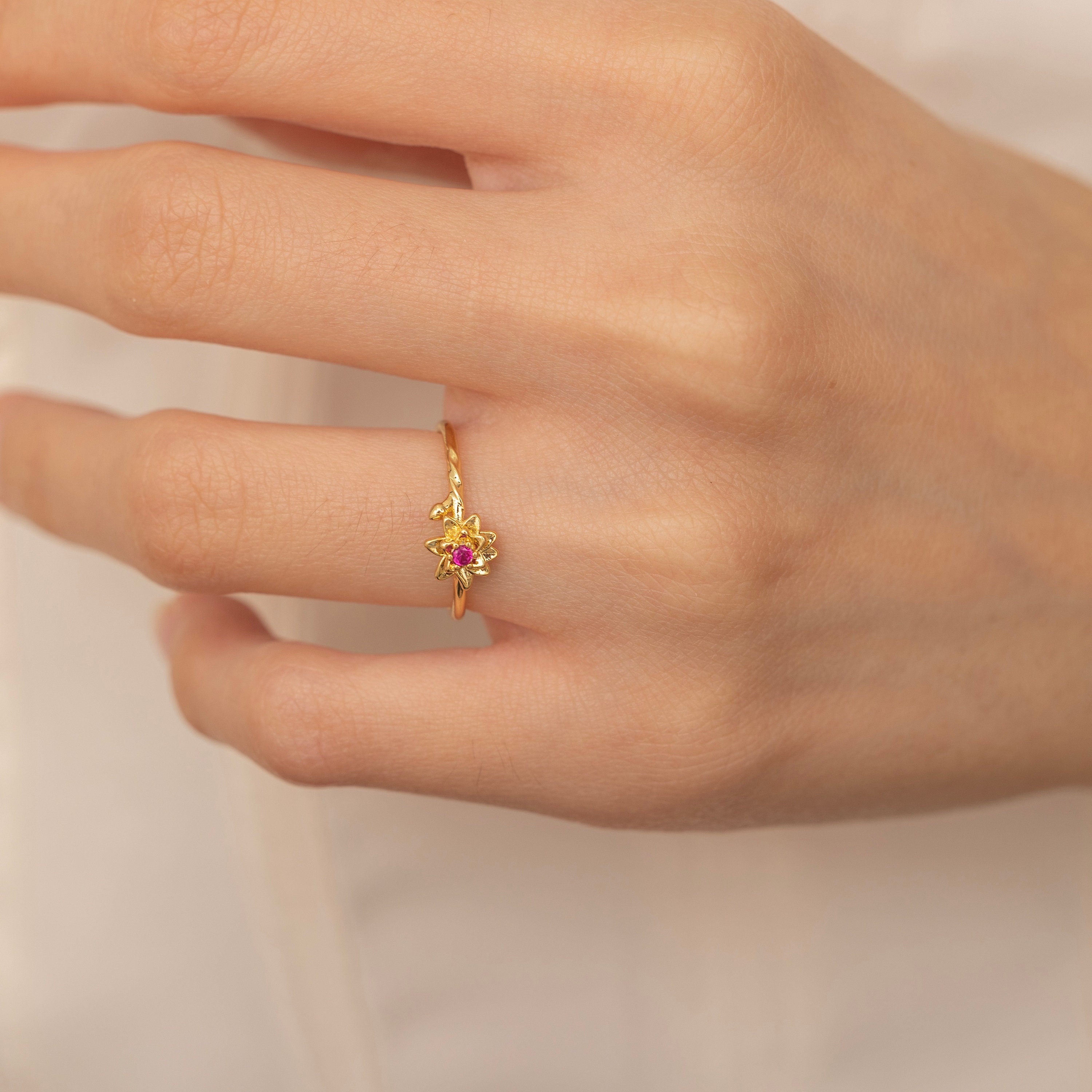 Gold Flower Ring Dainty Flower Head Birth Month Ring Birthstone Dainty ...