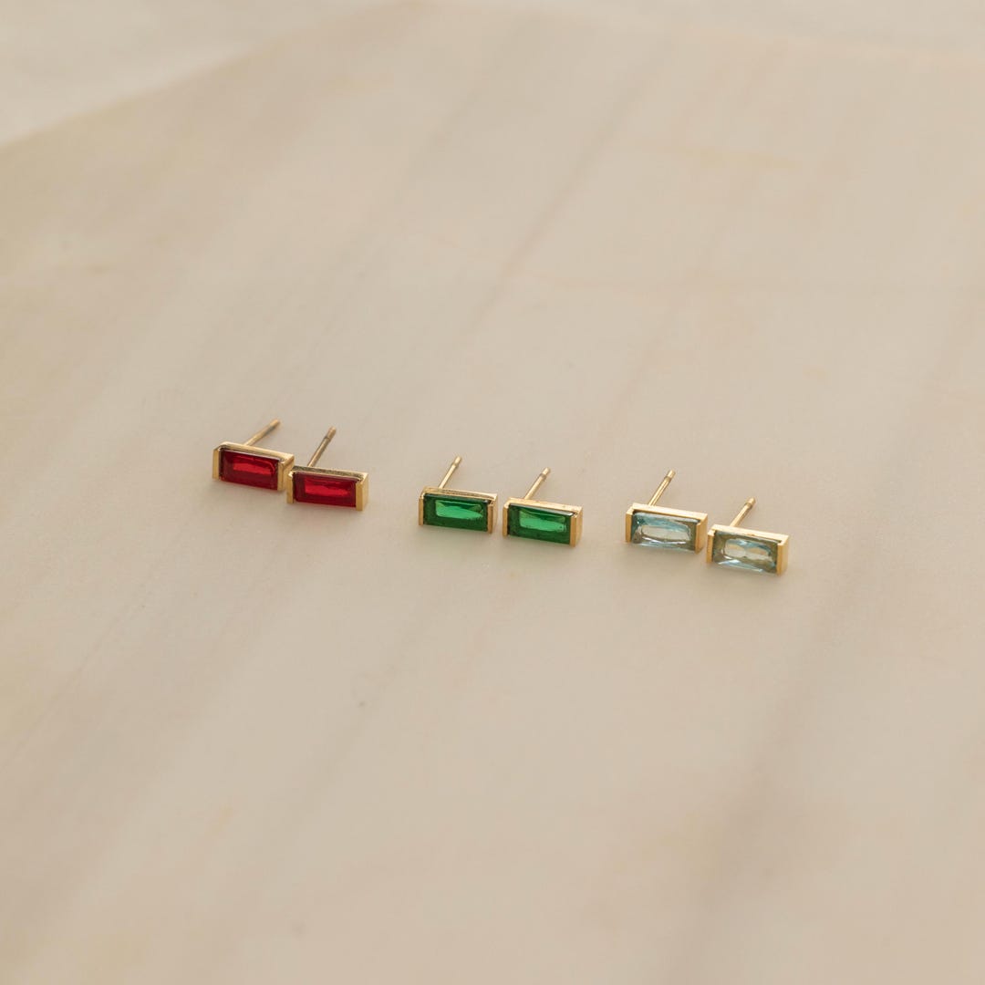 Rectangular Birthstone Stud Earrings Gold Filled • Dainty Minimalist ...