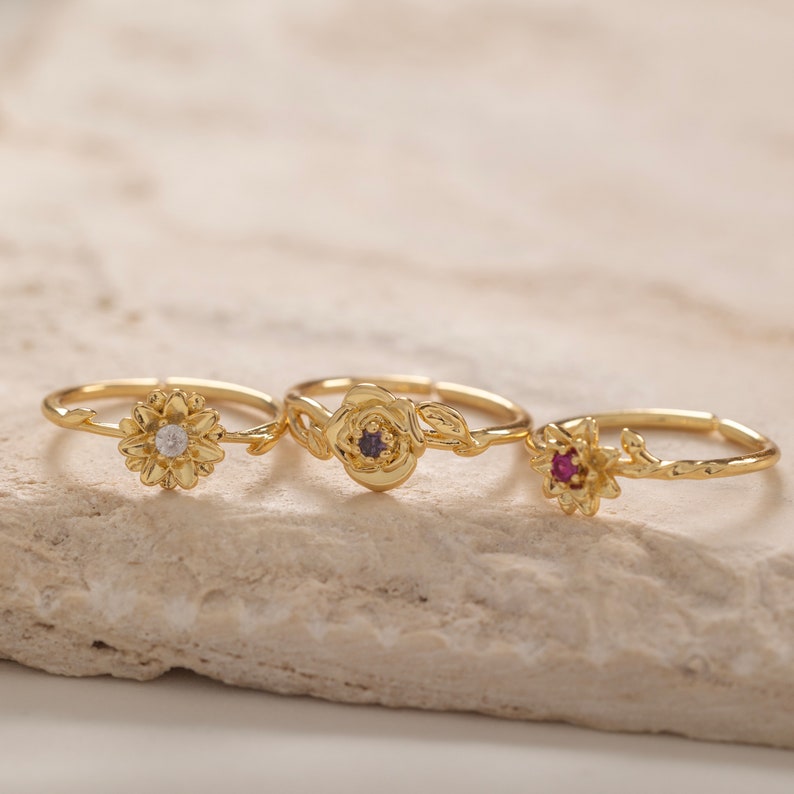 Gold Flower Ring Dainty Flower Head Birth Month Ring Birthstone Dainty ...