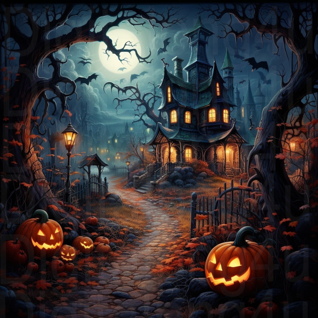 Haunted House and Jack O Lanterns Halloween Png Sublimation Digital ...