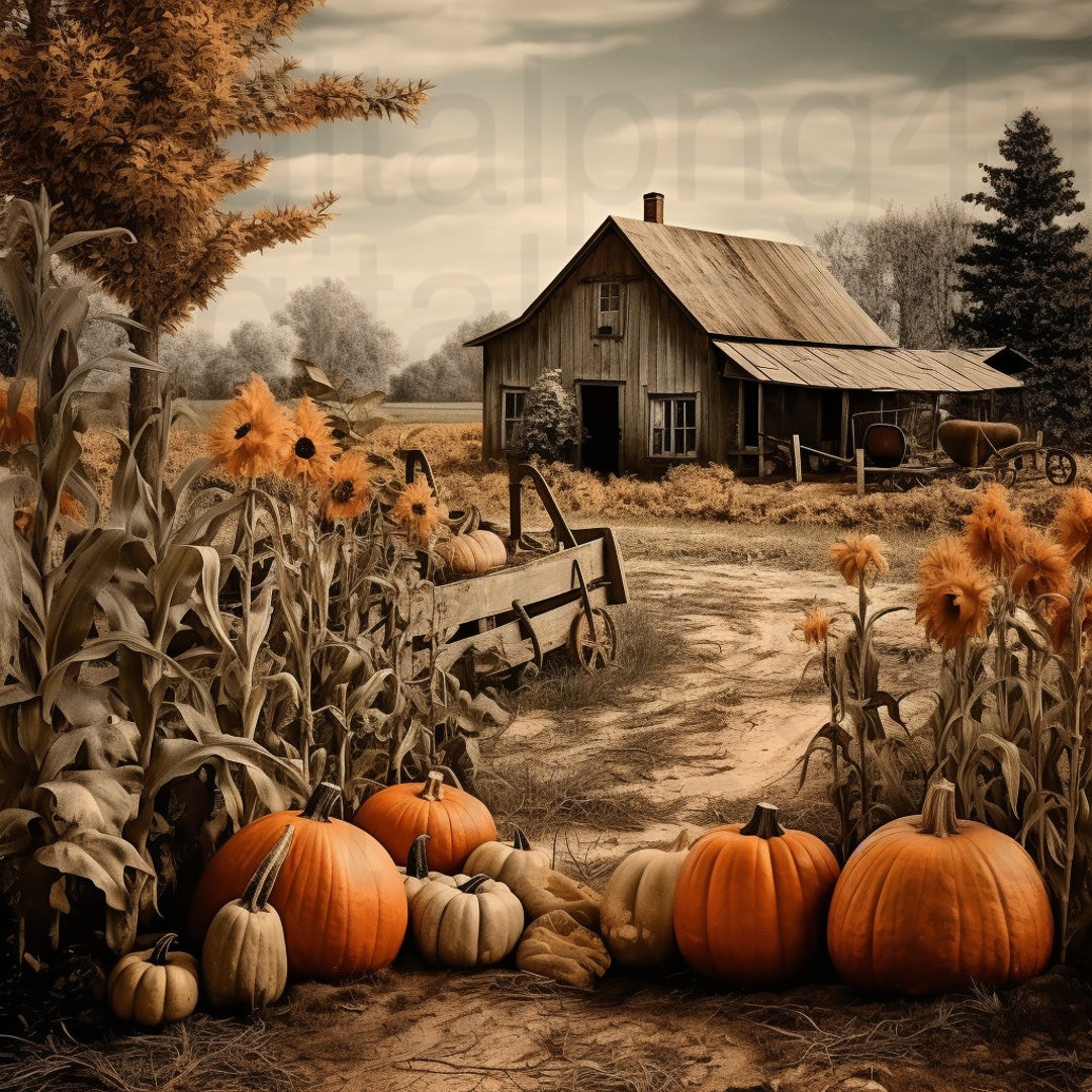 Farm Barn Pumpkins Vintage Fall Png Sublimation Digital Design Download ...