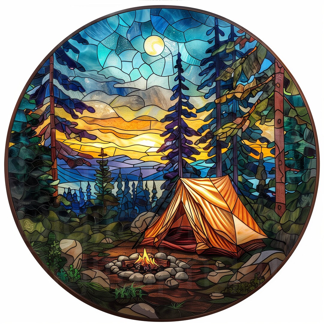 Camping Tent Forest Round Stained Glass Style Png Sublimation Digital ...