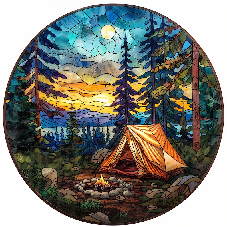 Camping Tent Forest Round Stained Glass Style Png Sublimation Digital ...
