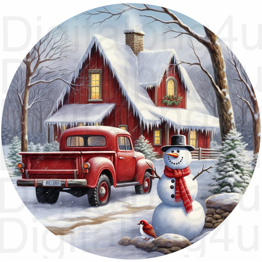 Little Red Truck Design Snowman Christmas Round Png Sublimation Digital ...