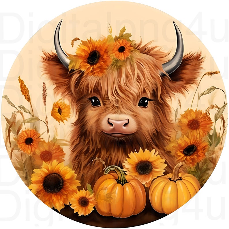 Highland Cow Baby Fall Sunflowers Pumpkins Round Png Sublimation ...