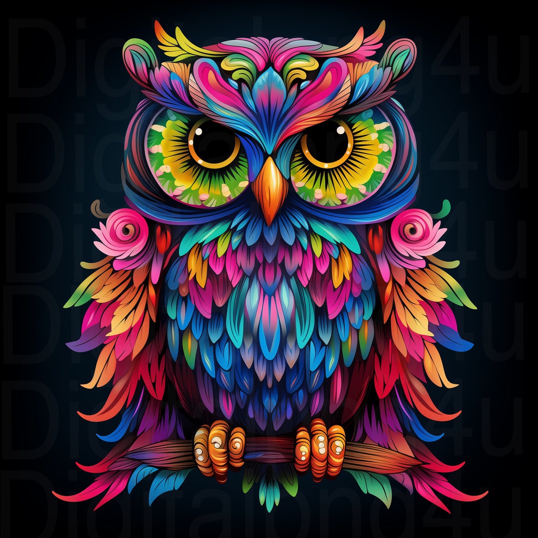 Owl Colorful Owl With a Black Background Png Sublimation Digital Design ...