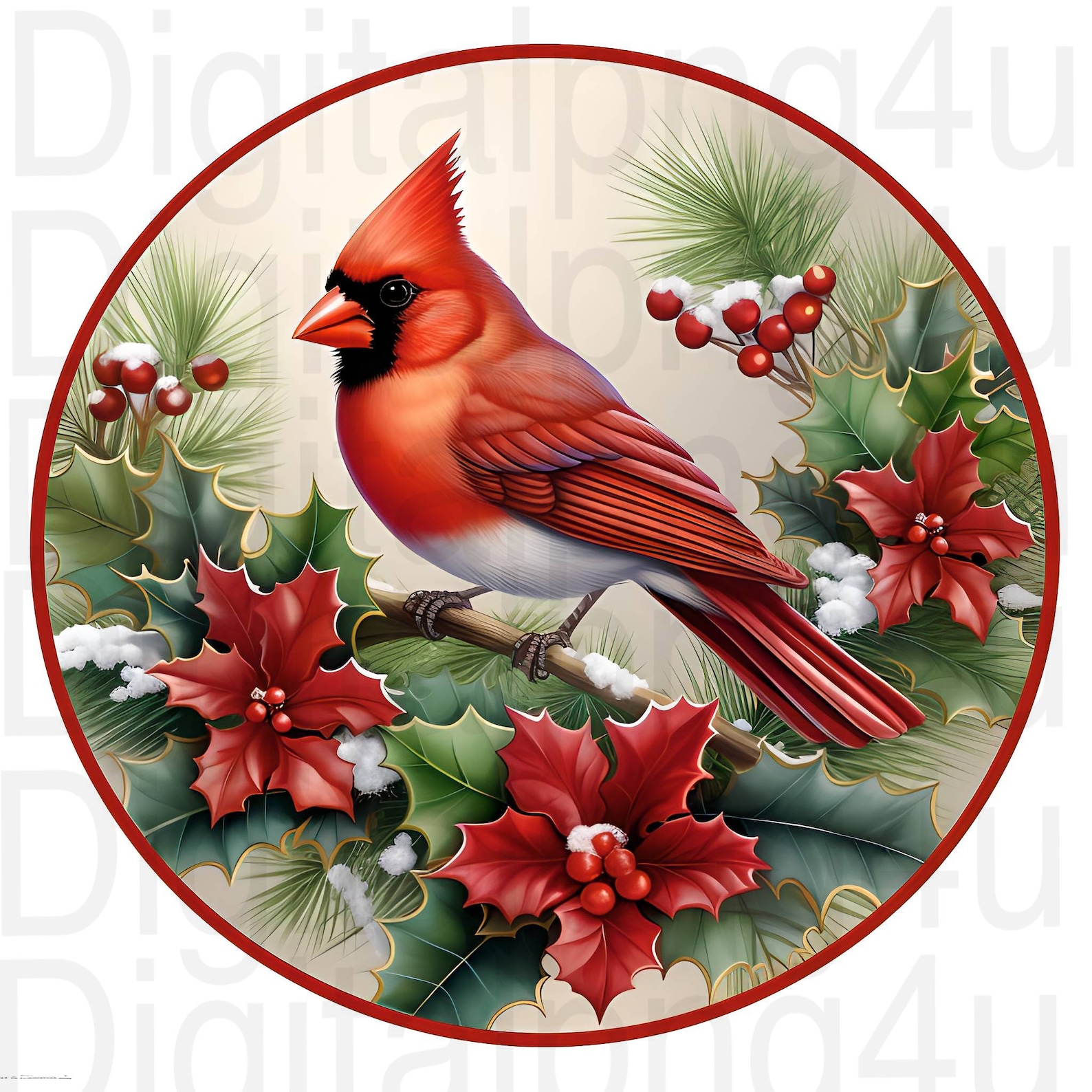 Cardinal and Poinsettias Round Png Sublimation Digital Design Download ...