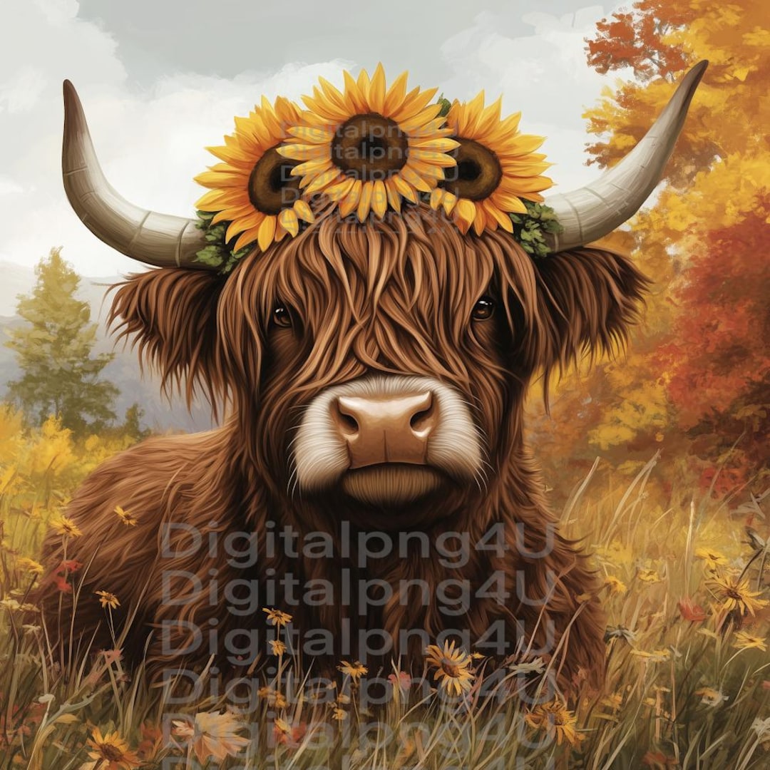 Cow Highland Cow and Sunflowers Fall PNG Sublimation DIGITAL DESIGN ...
