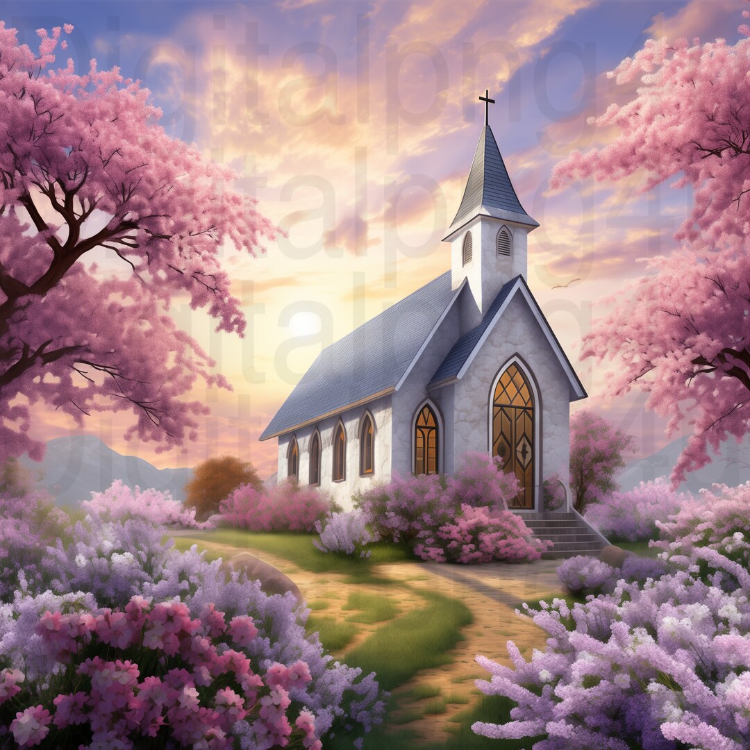 Church and Springtime Flowers Png Sublimation Digital Design Download ...