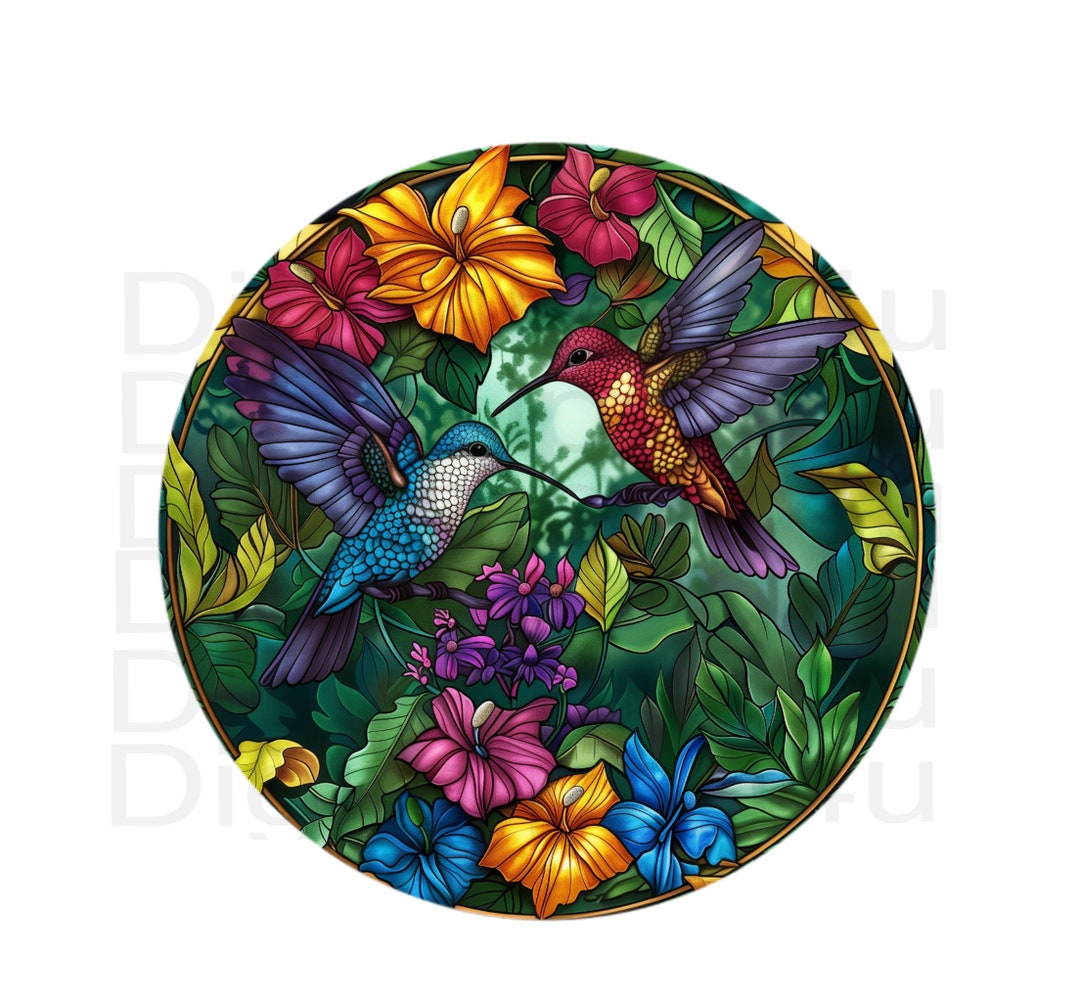 Hummingbirds and Flowers Round Stained Glass Png Sublimation Digital ...