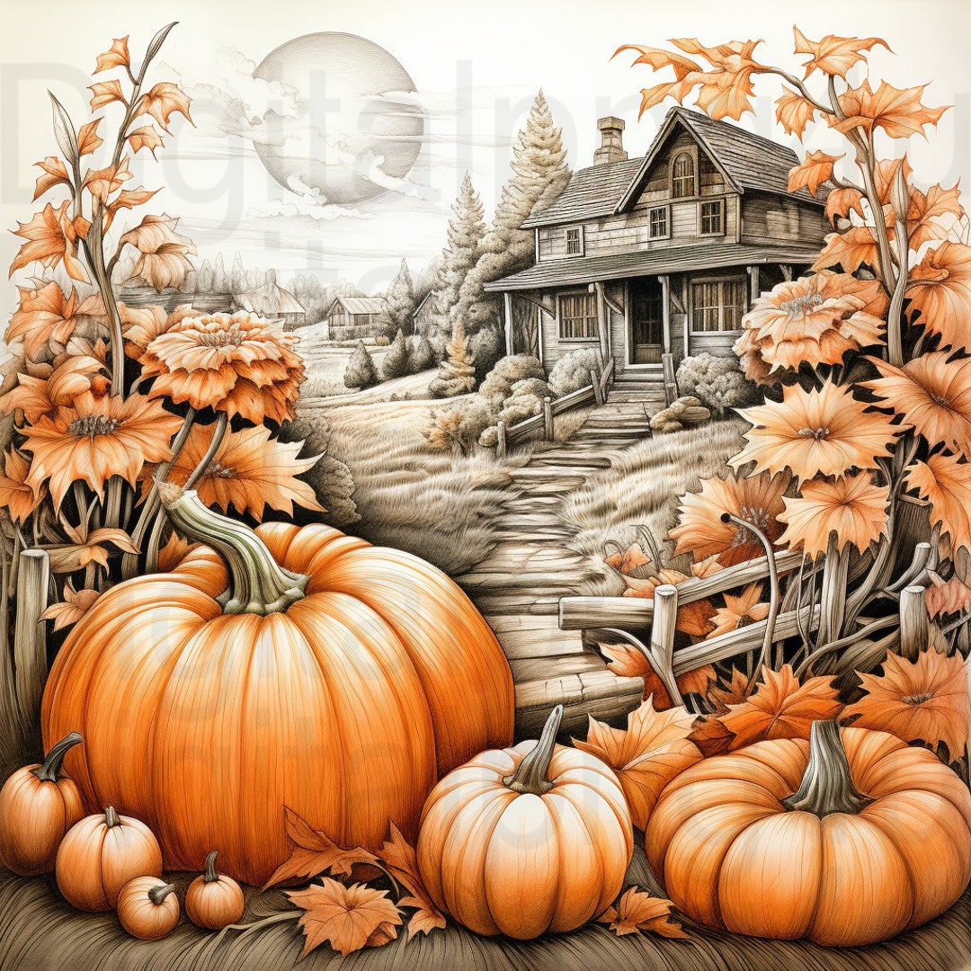 Beautiful Fall Pumpkins Scene Png Sublimation Digital Design Download ...