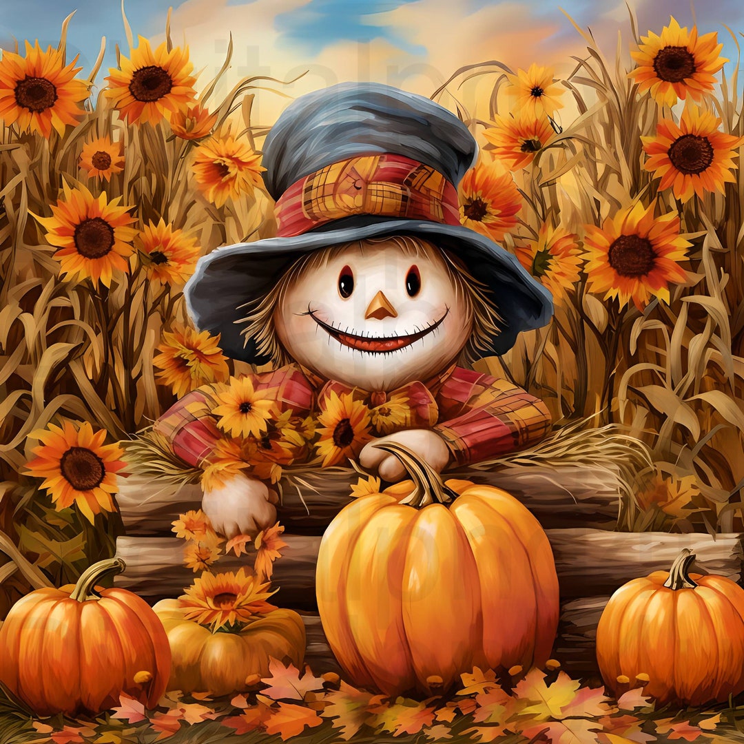 Cute Fall Scarecrow With Pumpkins and Fall Flowers Png Sublimation ...