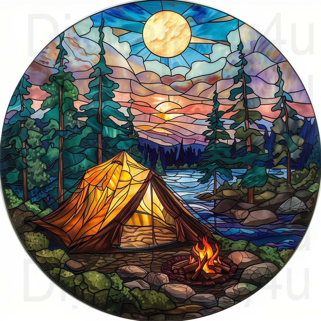 Camping Round Stained Glass Style PNG Sublimation Digital Design ...