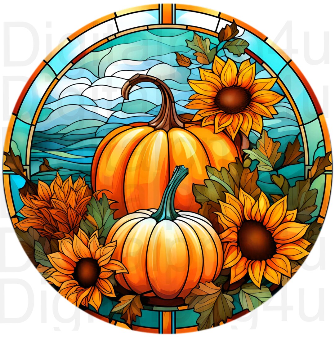 Pumpkins Sunflowers Fall Leaves Round Stained Glass Png Sublimation ...