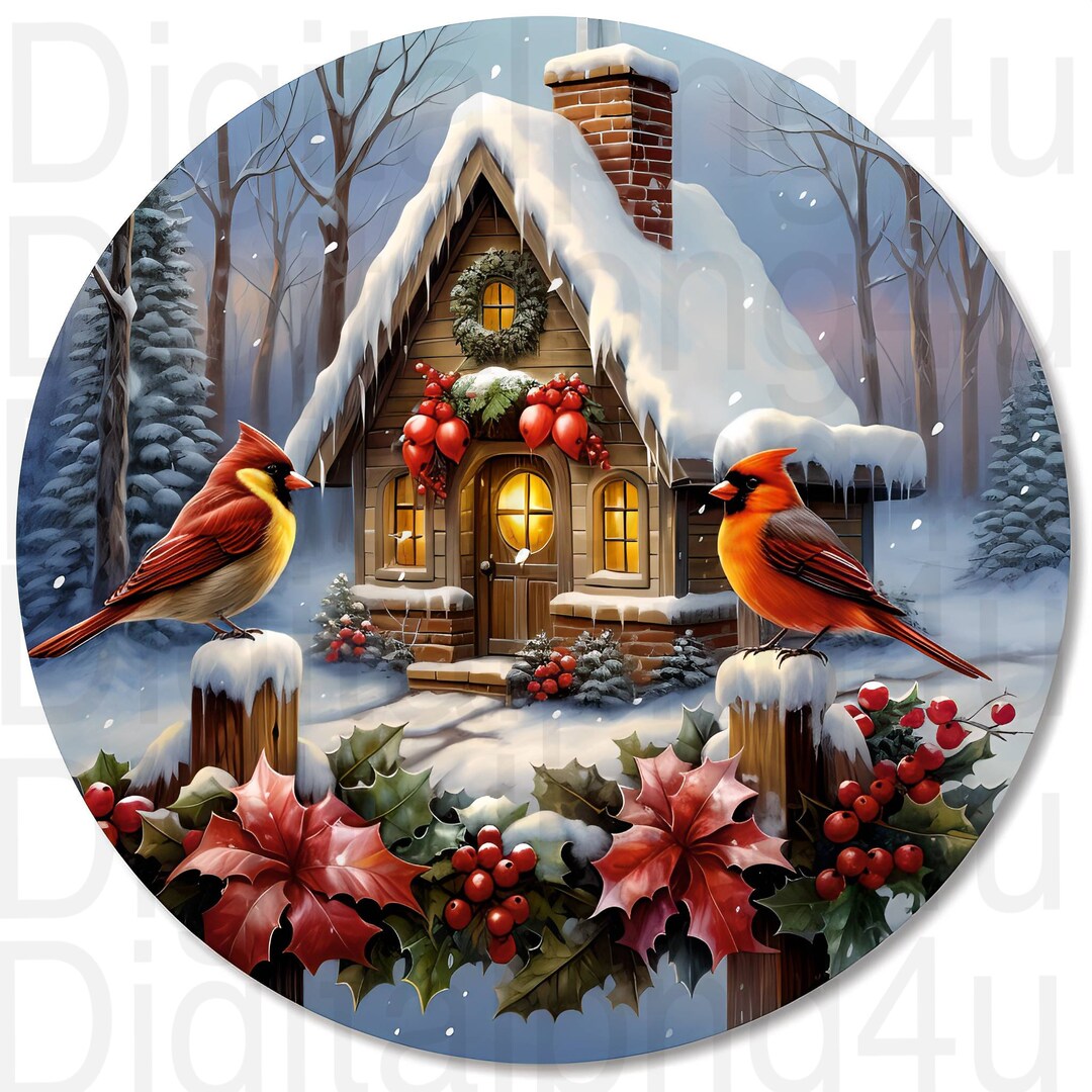 Beautiful Cardinal Birds Christmas Winter Scene Round Png Sublimation ...
